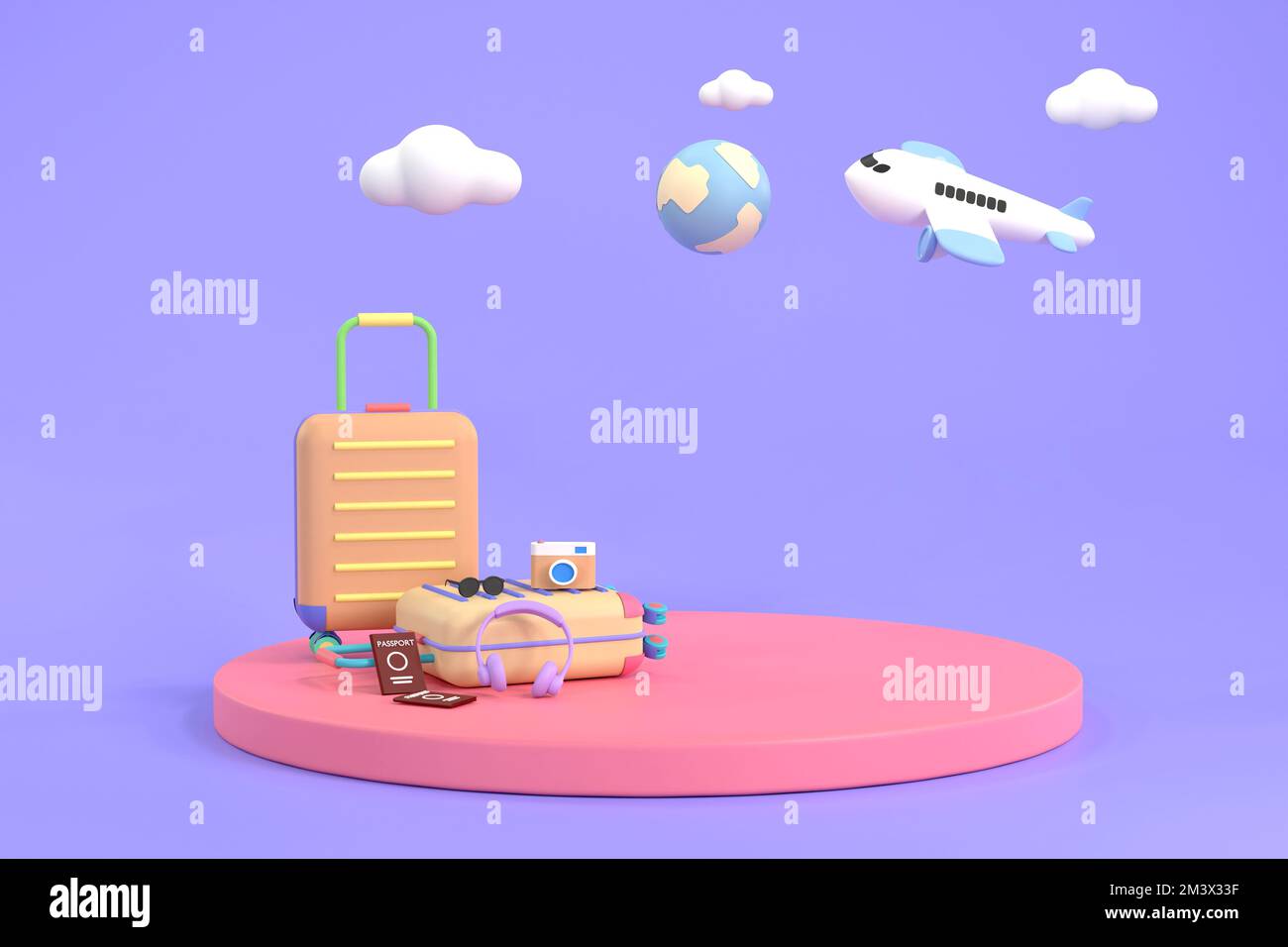 3d. podium stage surrounded by traveler accessories for showing or ...