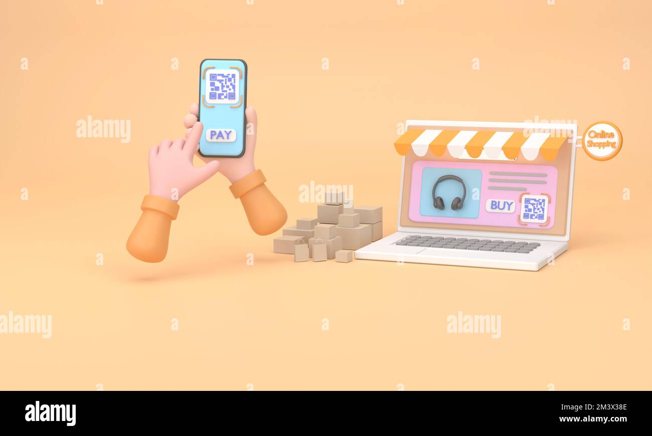 3D. Computer laptop with QR code screen buy. hand holding Mobile phone ...