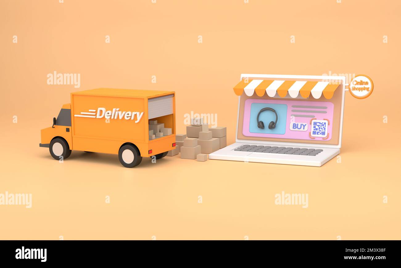 3D. Computer laptop with QR code screen buy and delivery truck. Concept ...