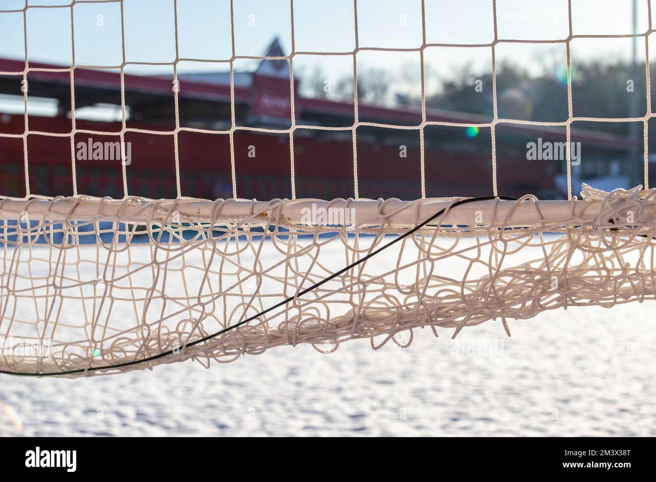 Snow covered football / soccer pitch in wintery scene at English ...