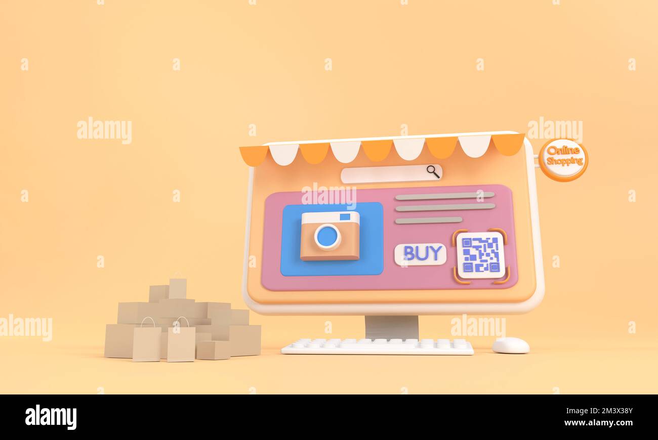 3D. Computer pc with QR code screen buy. Concept online shopping Stock ...