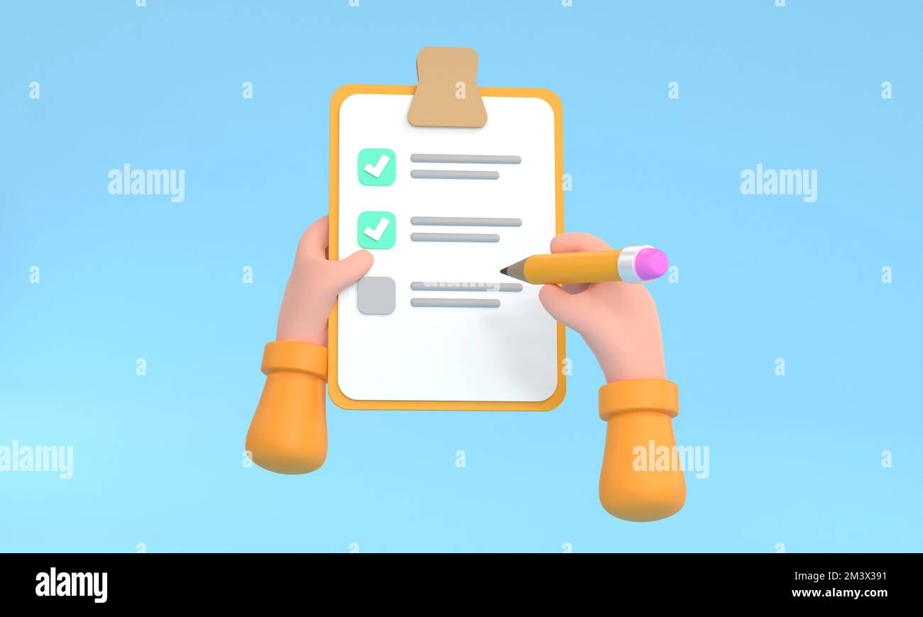 3D. Hand signing document. Hand filling checklist on clipboard Stock ...