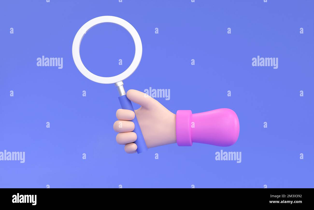3D. Cartoon hand holding magnifying glass isolated Stock Photo - Alamy