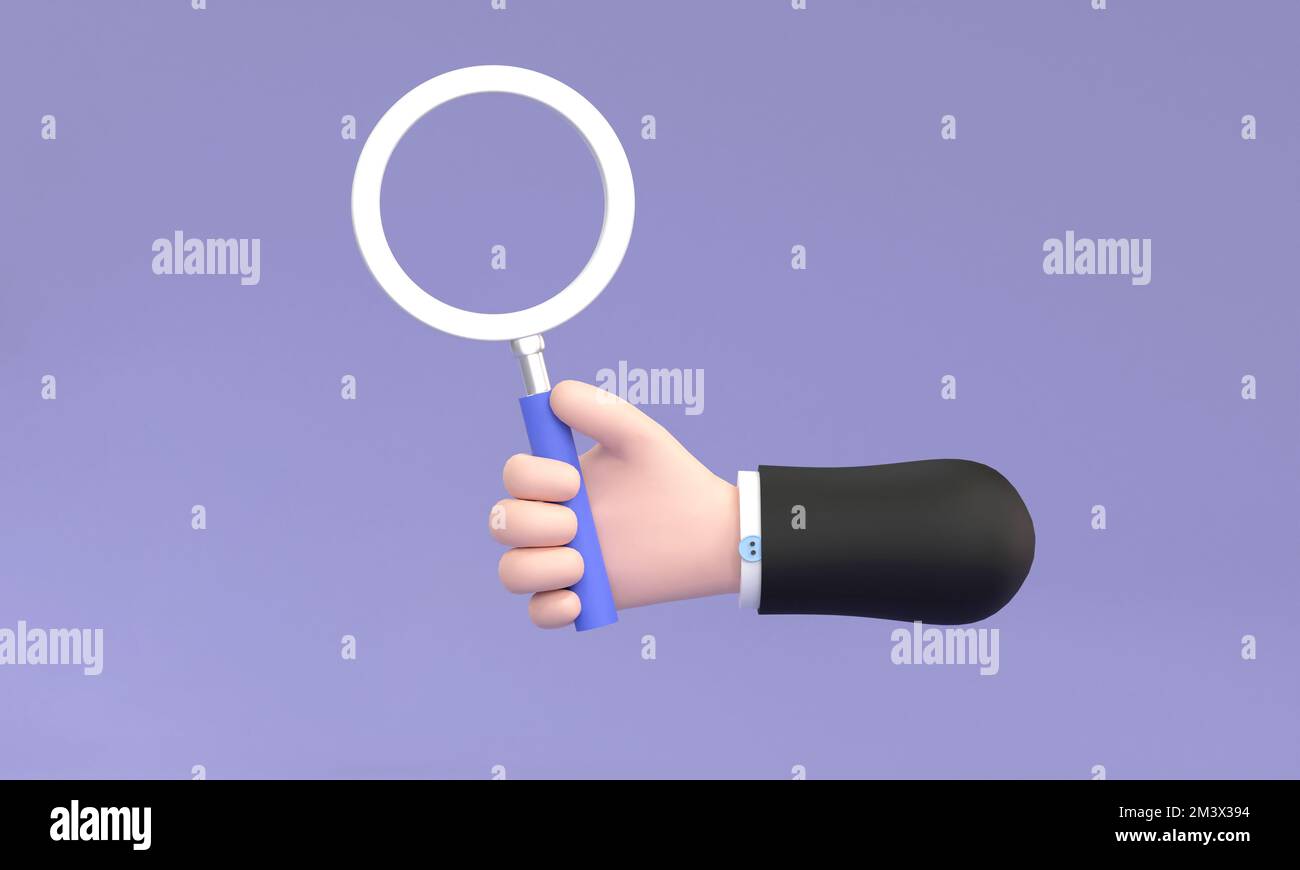 3D. Cartoon hand holding magnifying glass isolated Stock Photo - Alamy