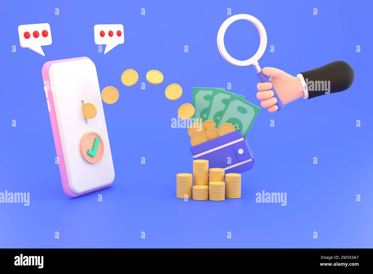 3D. Hand holding magnifying glass,Transfer Spending and Saving Money ...