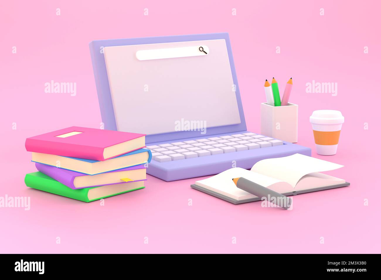 3D. Cartoon readiness to study laptop for educational information Stock ...