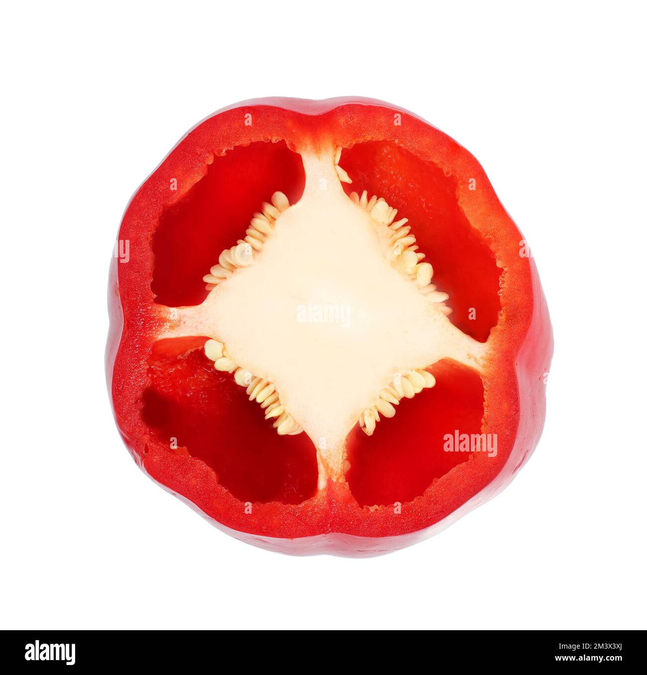 ripe red pepper cut in half on a white background Stock Photo - Alamy