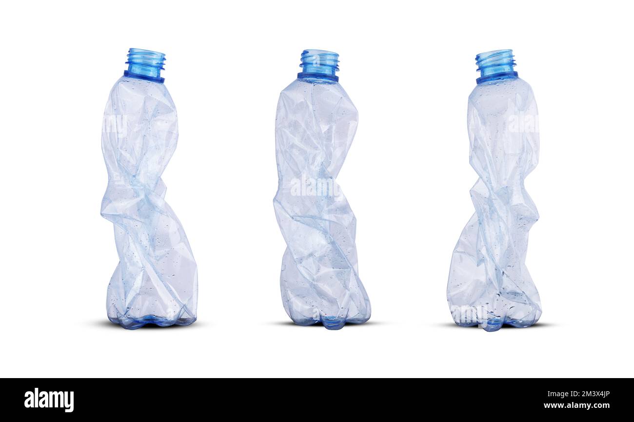 three crushed plastic bottles on white background Stock Photo - Alamy