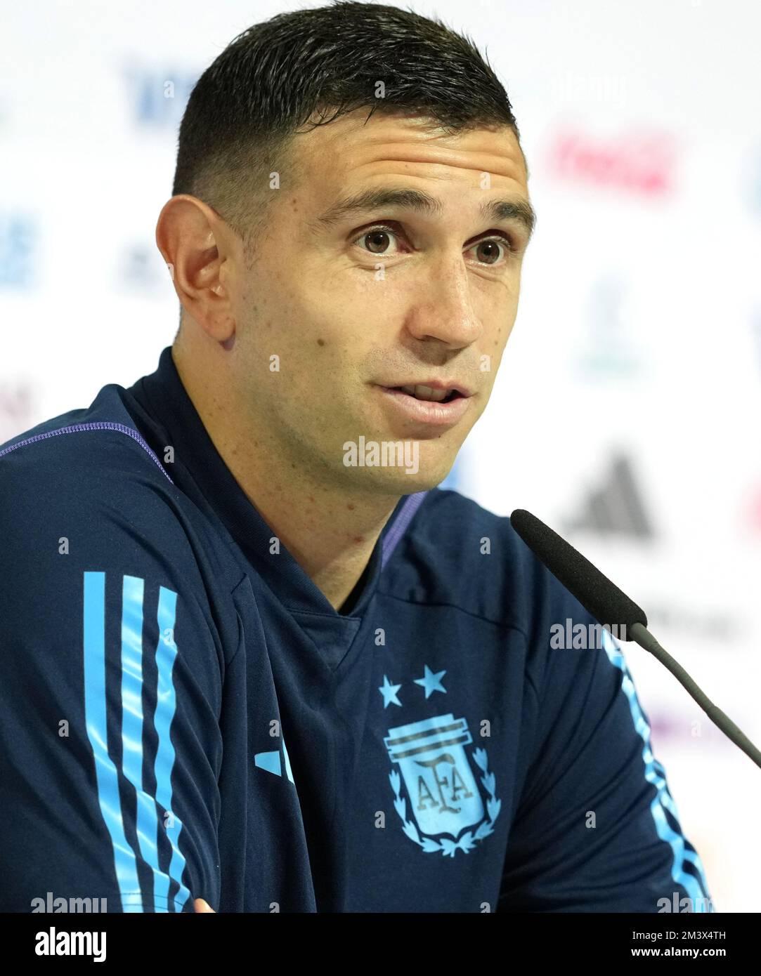 Argentina goalkeeper Emiliano Martinez during a press conference at the ...