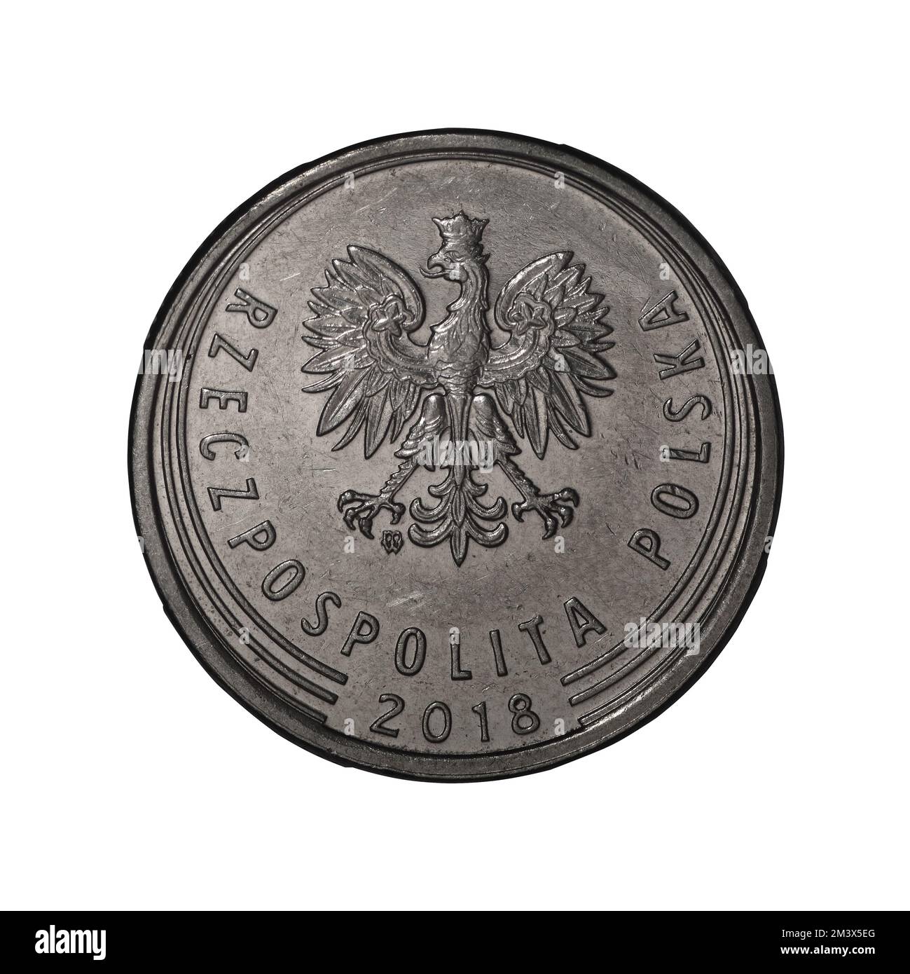 Polish coin with a face value of 1 from 2018 on a white background ...