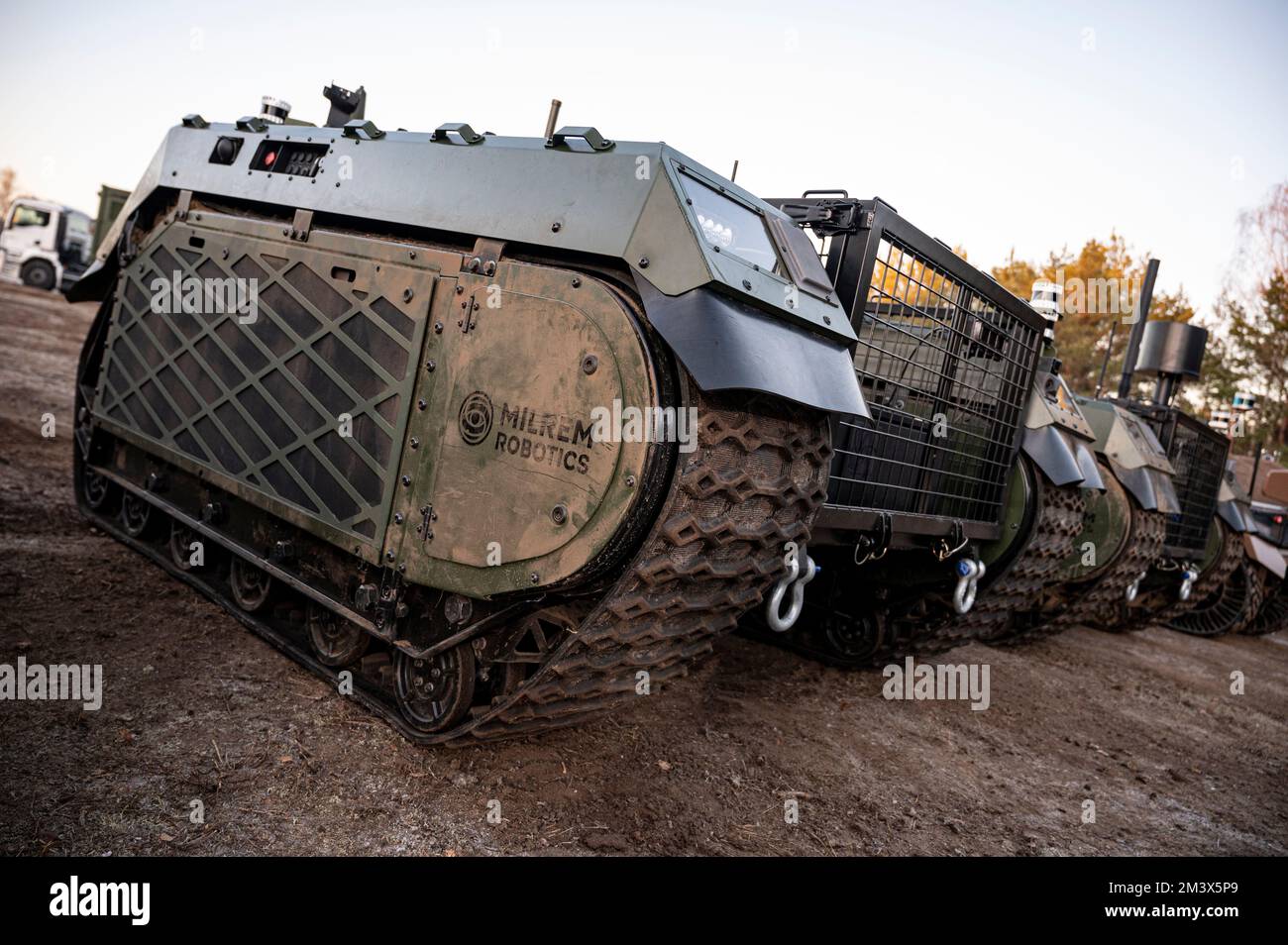 15 December 2022, Brandenburg, Brück: The Milrem Robotics logo is on a ...
