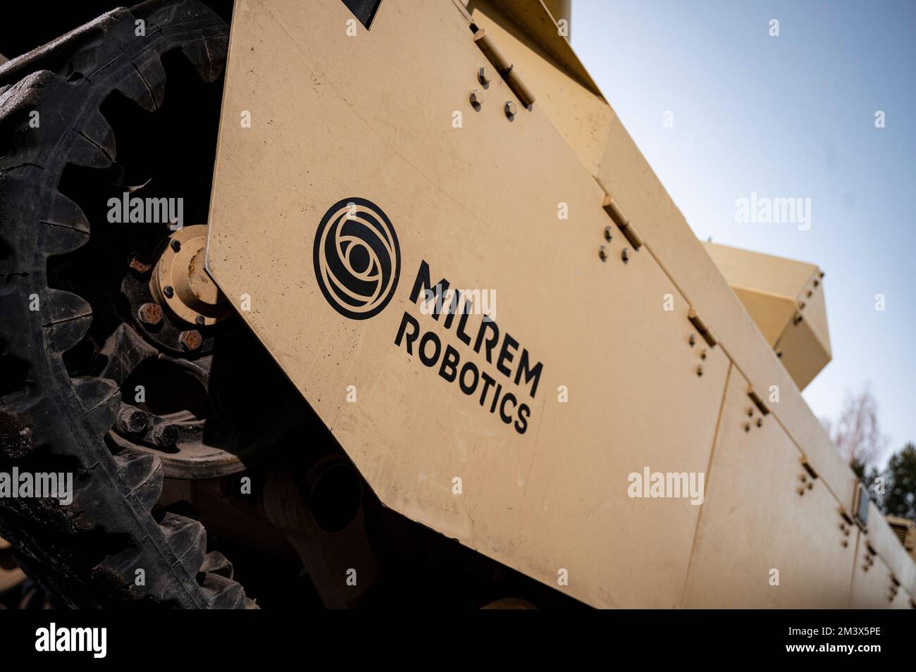 15 December 2022, Brandenburg, Brück: The Milrem Robotics logo is on a ...