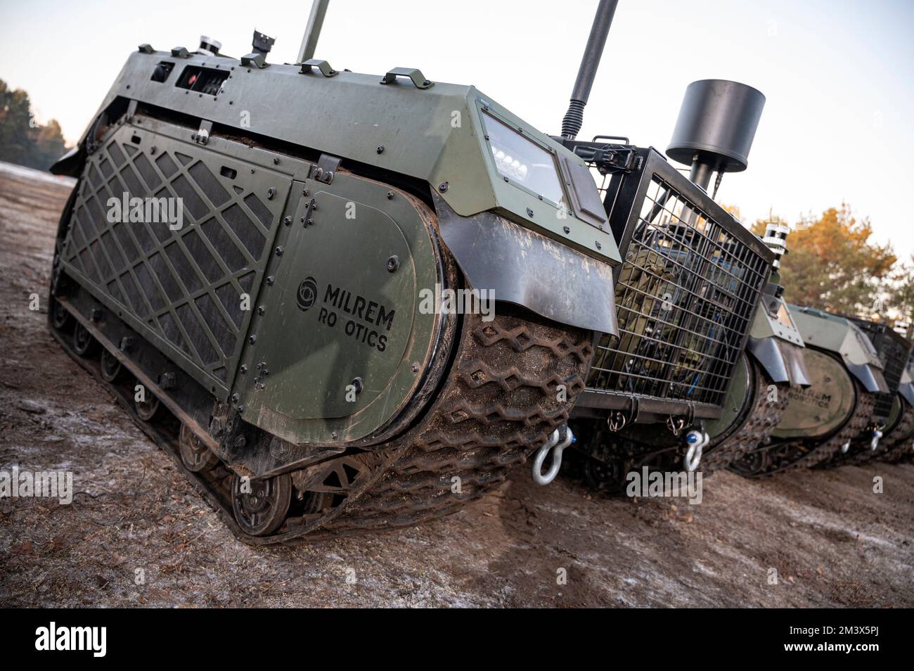 15 December 2022, Brandenburg, Brück: The Milrem Robotics logo is on a THeMIS Unmanned Ground ...