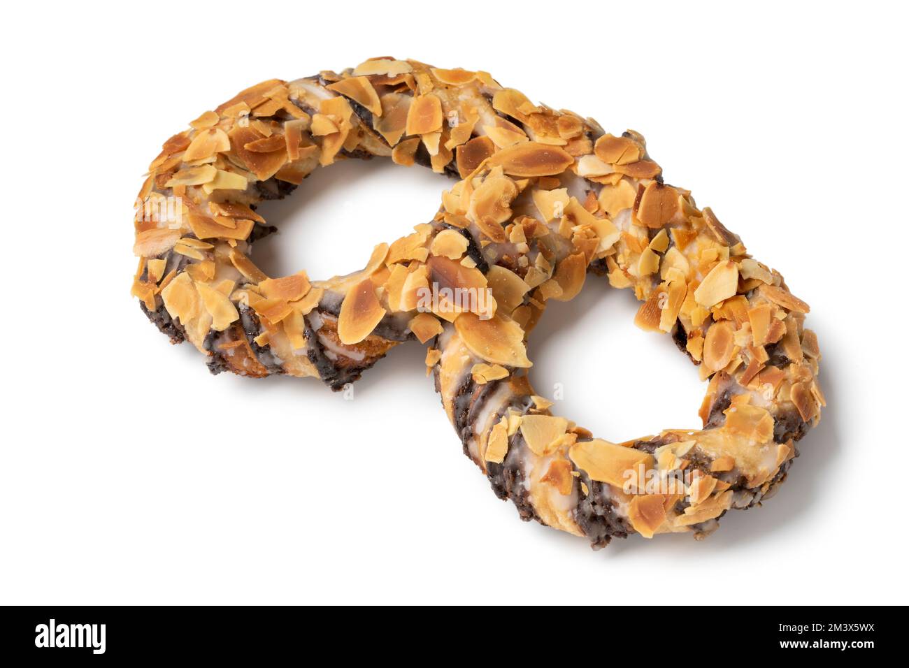Delicious sweet single German Nougatbrezel close up isolated on white ...