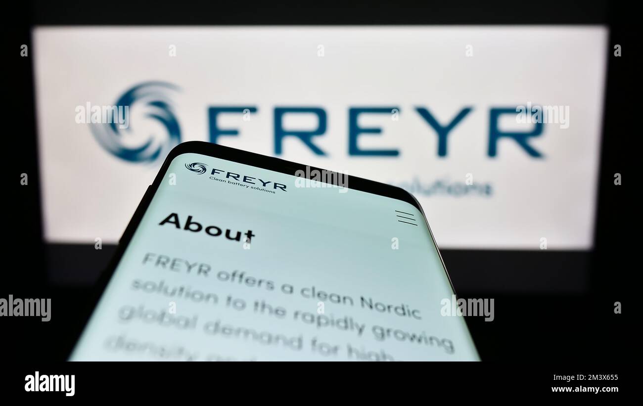 Smartphone with website of Norwegian battery company Freyr AS on screen ...