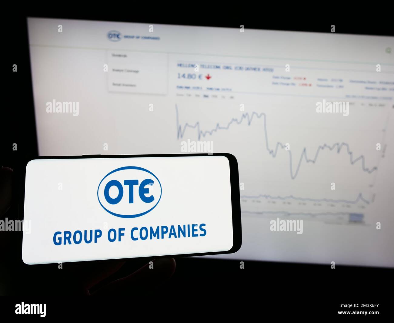 Person holding mobile phone with logo of Hellenic Telecommunications ...