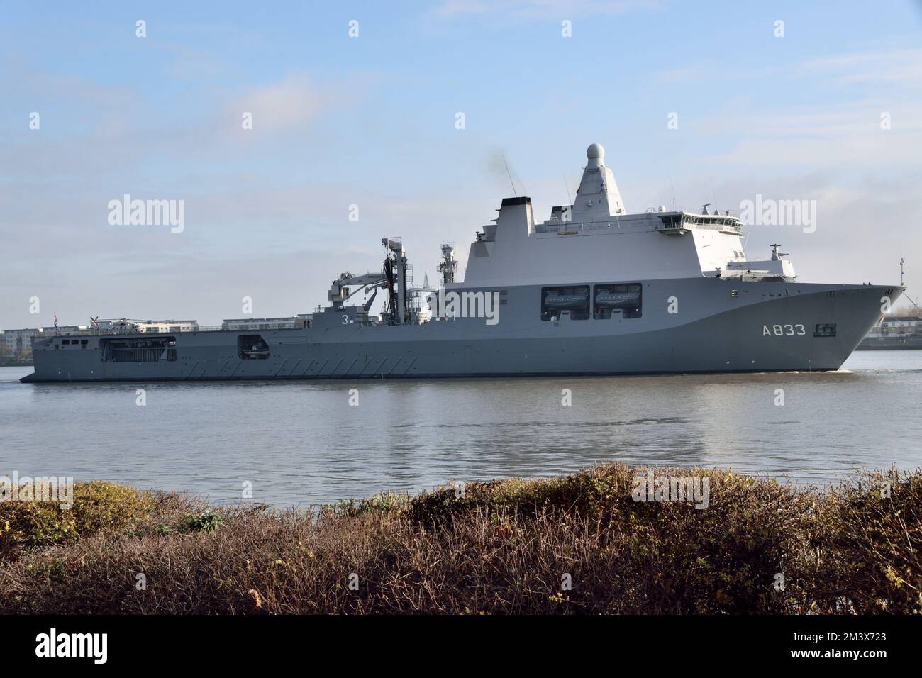 Dutch Navy warship HNLMS KAREL DOORMAN on River Thames in London Stock ...