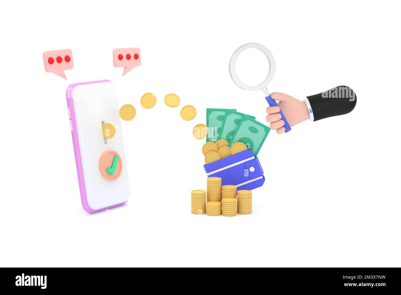 3D. Hand holding magnifying glass,Transfer Spending and Saving Money ...