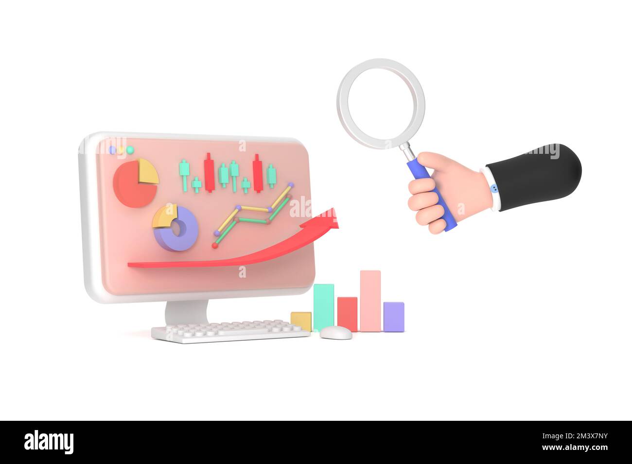3D. hand holding magnifying glass and computer screen Trading money ...