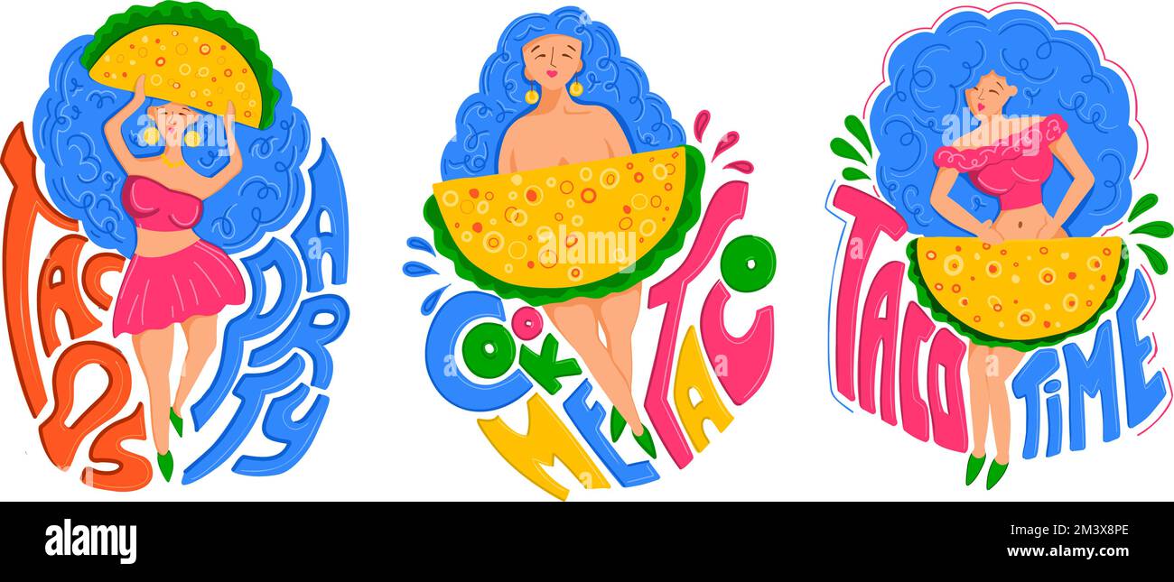 Taco. Mexican cuisine. Illustration of a girl and a taco. Modern print ...