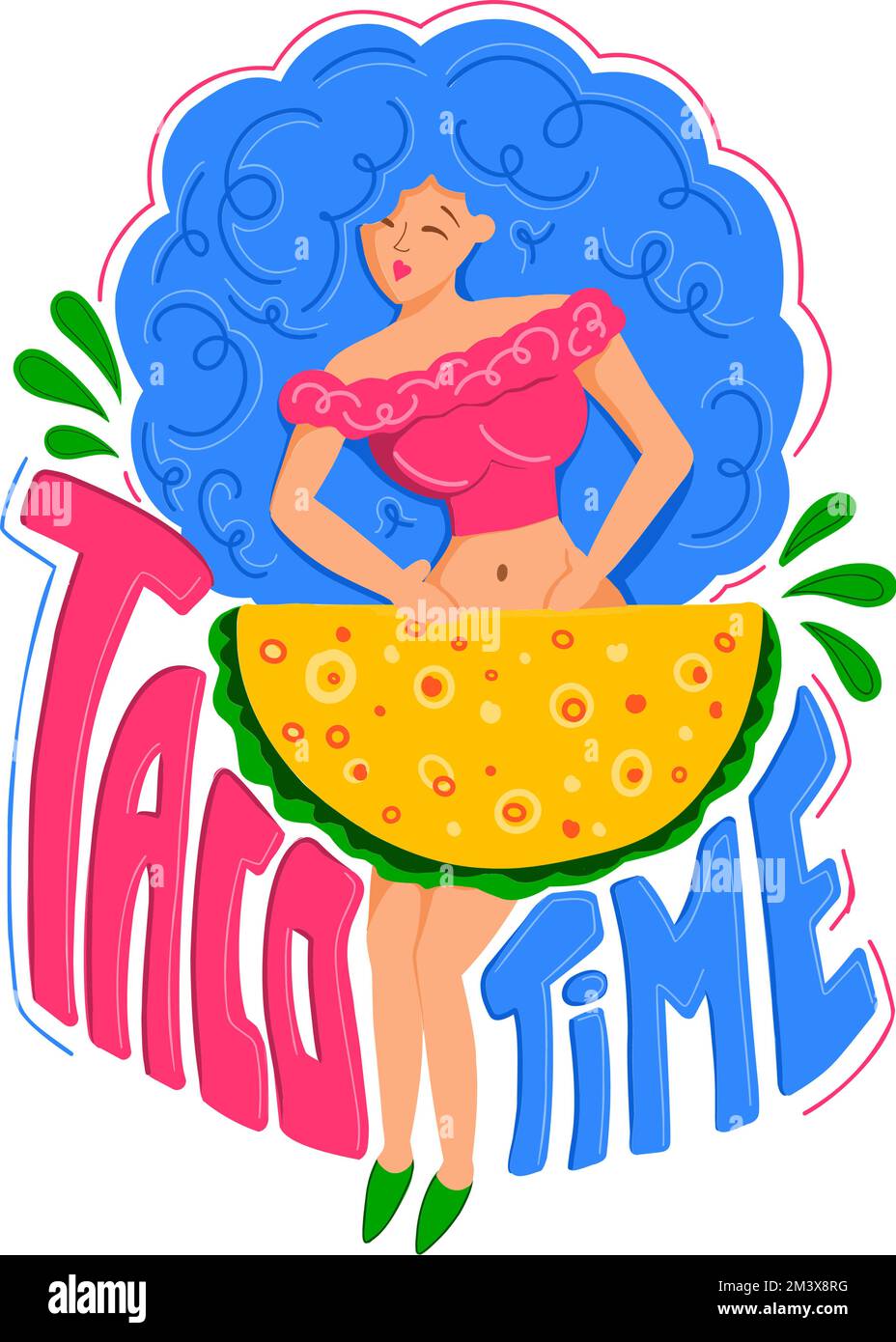 Taco. Mexican cuisine. Illustration of a girl and a taco. Modern print ...