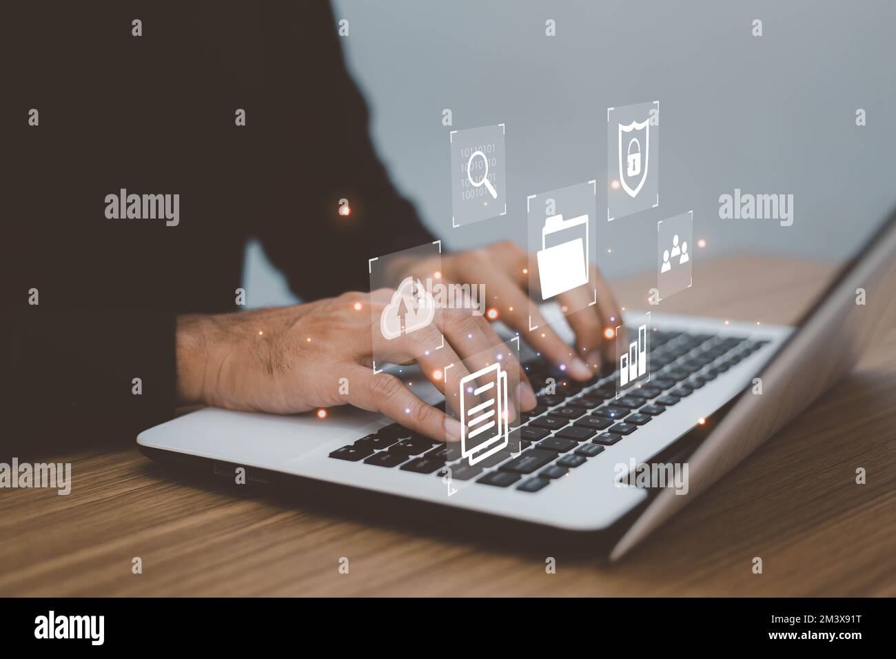 Document Management System (DMS) Online Document Database . business man using laptop access ...