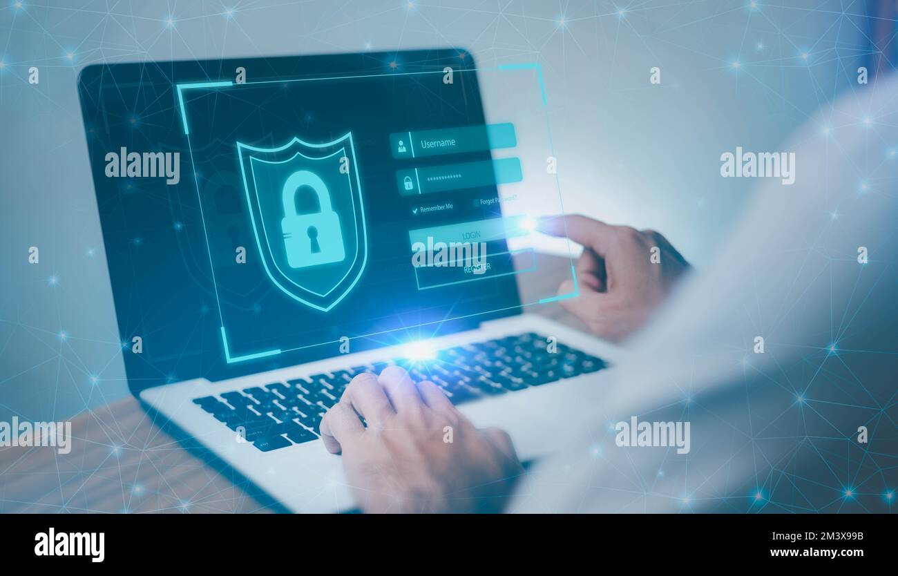 data protection and internet security concept, user typing login and password on computer ...