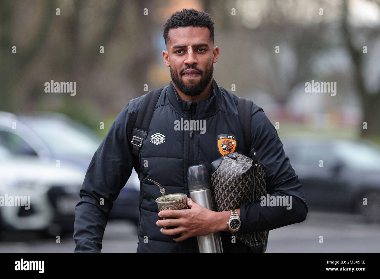 Cyrus Christie #33 of Hull City arrives at The MKM Stadium ahead of the ...