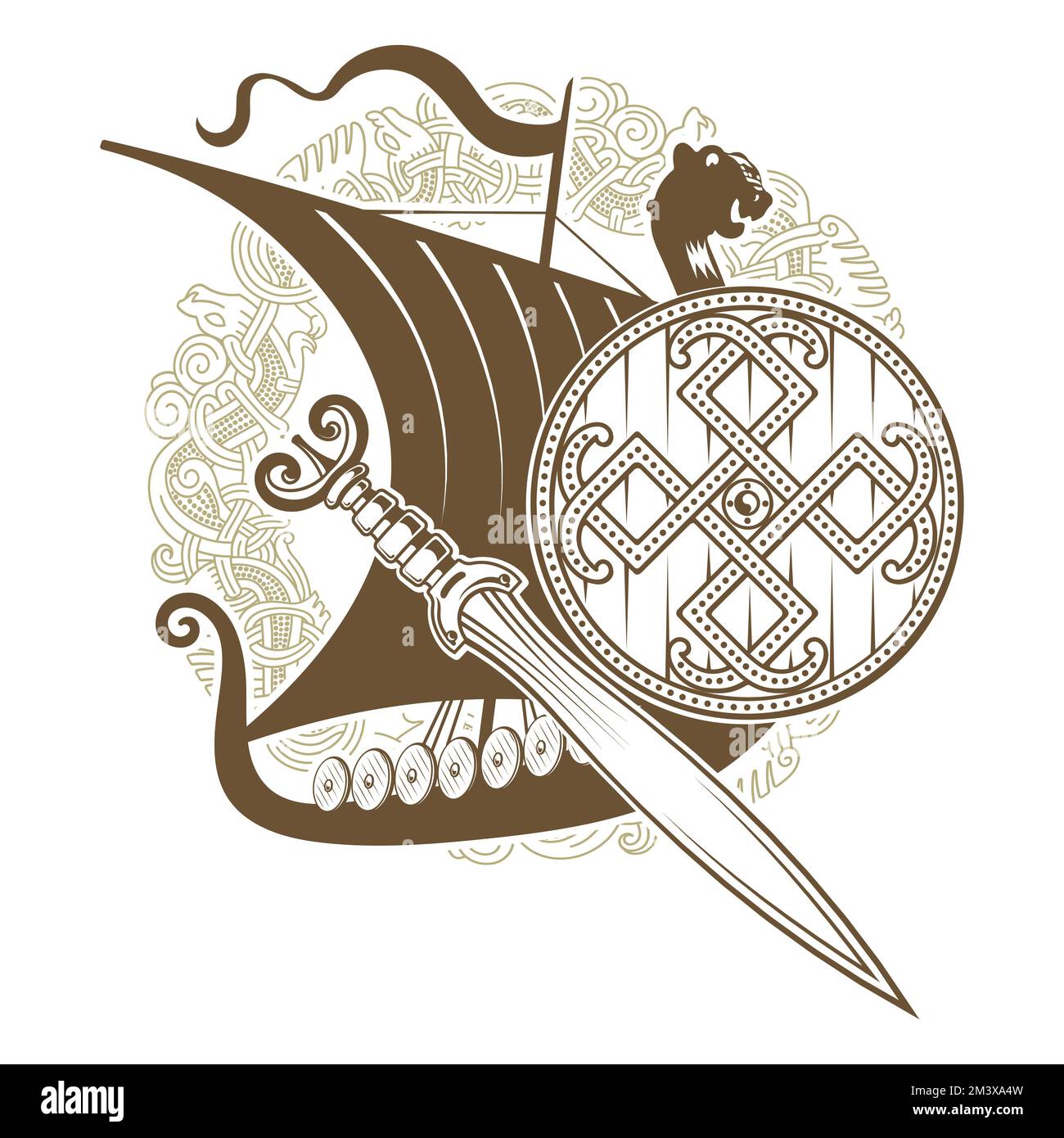 Ancient Scandinavian Design Viking Ship Drakkar Sword Shield And Old