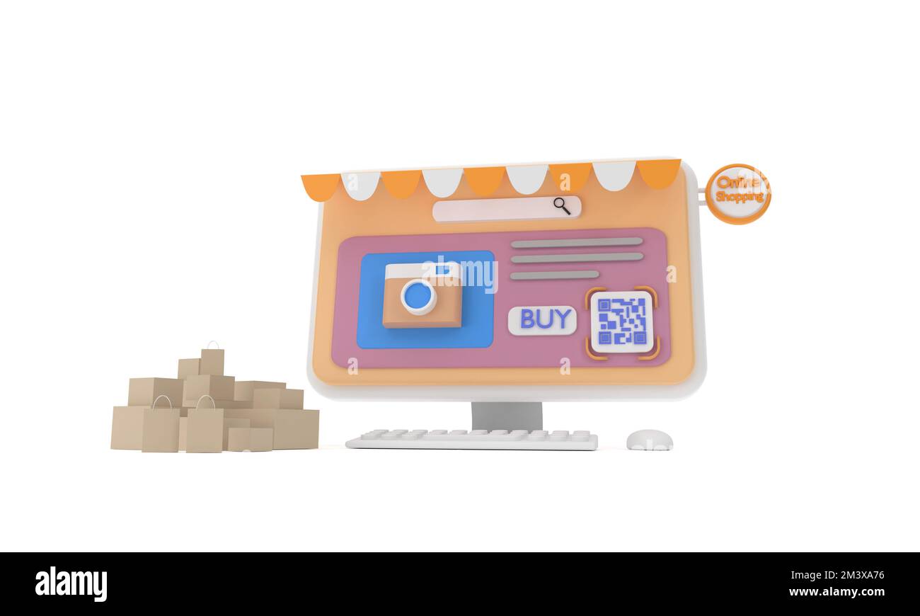 3D. Computer pc with QR code screen buy. Concept online shopping. white ...