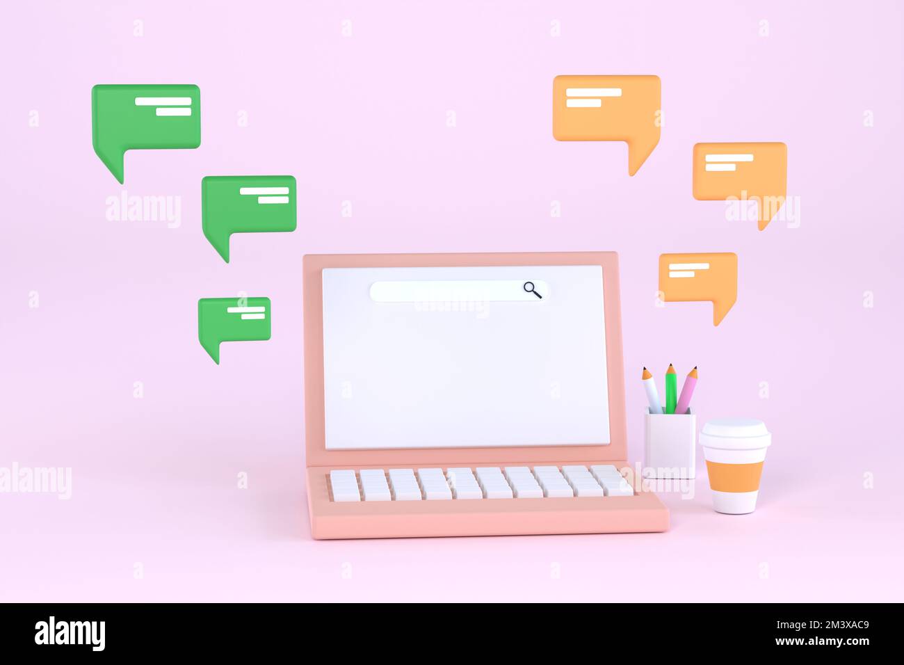 3D. Laptop with short messages. Chatting with friends and sending ...