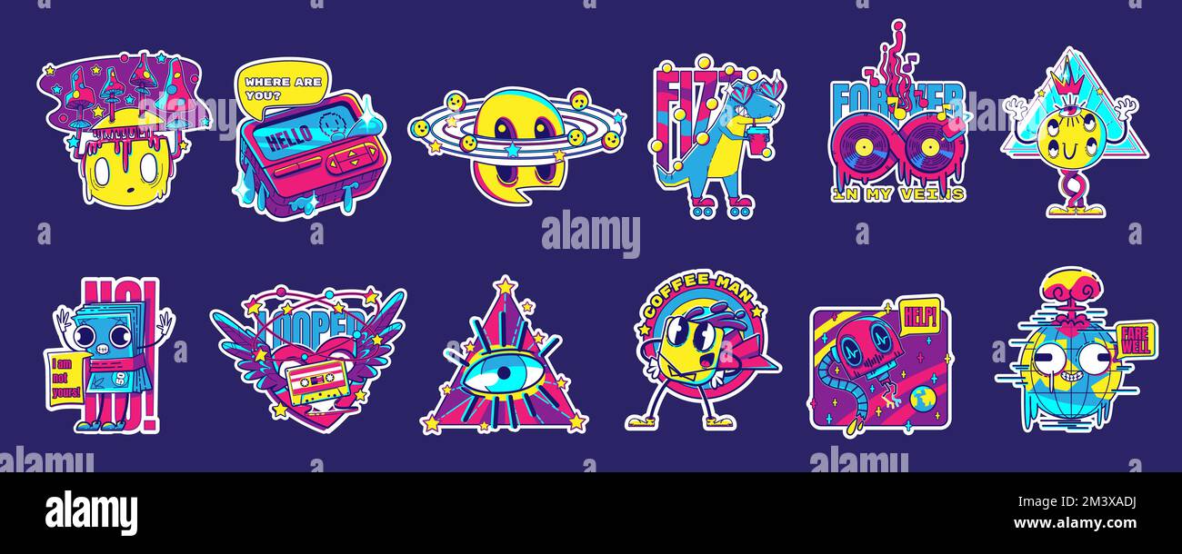 Psychedelic retro rave stickers with coffee man, pager and retro audio ...