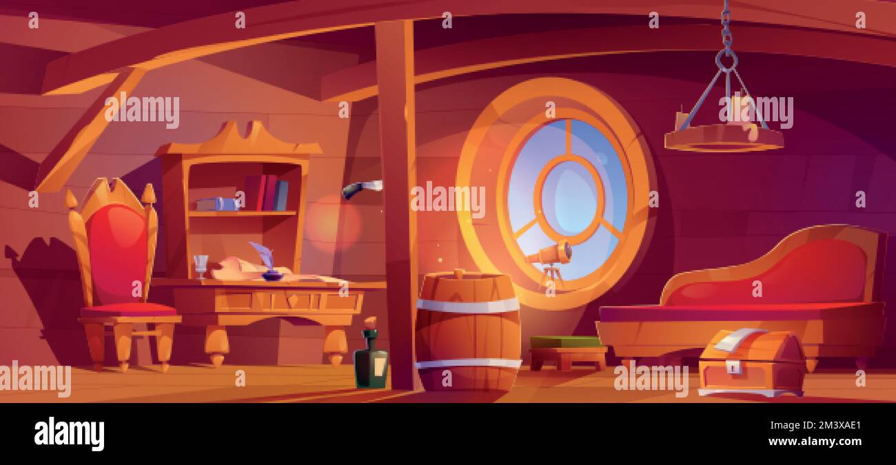 Pirate ship cabin interior with table, chair, sofa, telescope, treasure ...