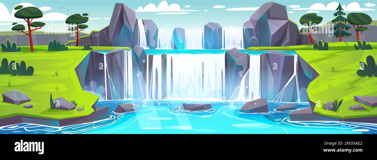 Waterfall cascade at summer nature landscape. Cartoon panoramic view of ...