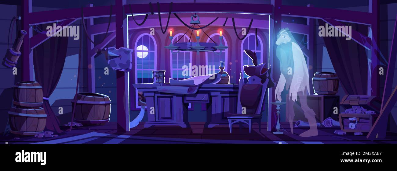 Ghost of pirate in ship cabin at night. Dark captain room interior with ...