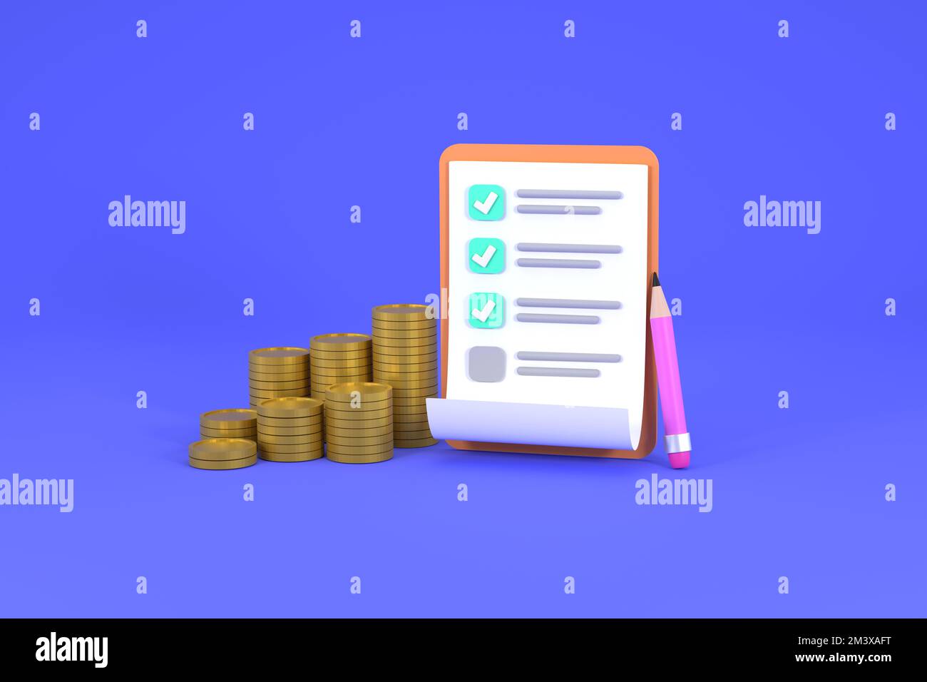3D. check list with clipboard, check mark, pile money coins isolated ...