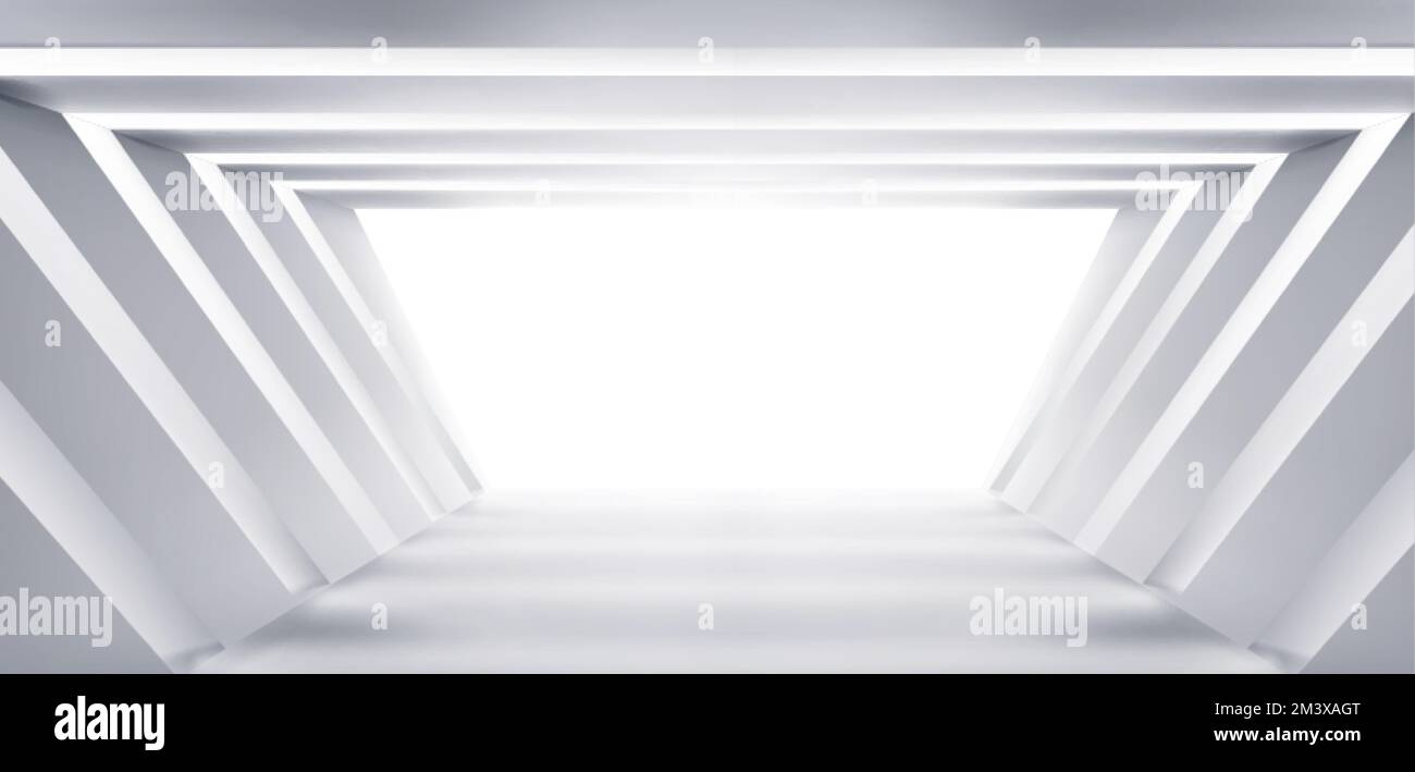 Abstract room, white corridor space of trapezoidal shape. Contemporary ...
