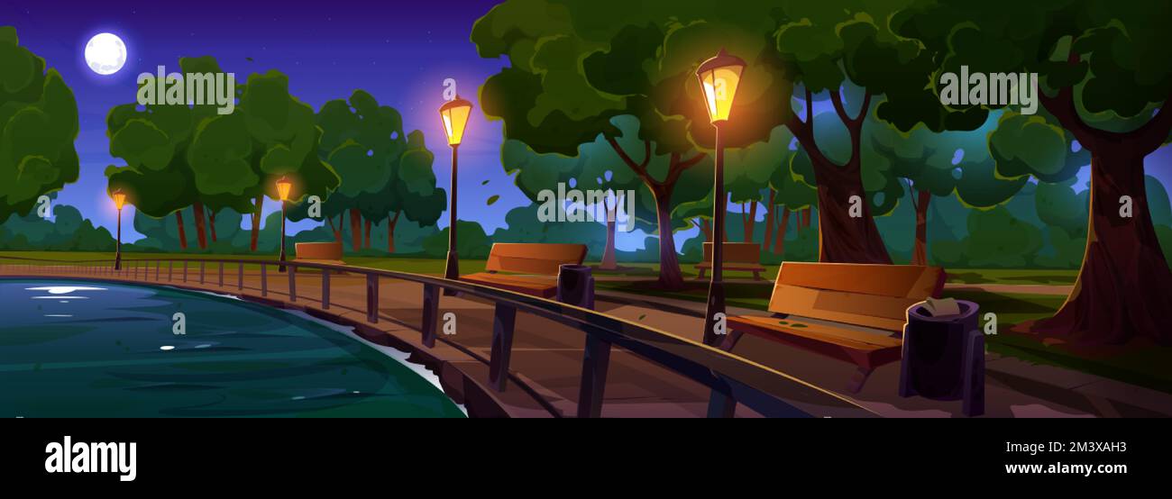 Riverside night park lane with benches and illuminated light posts ...