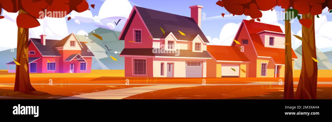 Suburban cottage houses at autumn landscape with bright orange trees ...