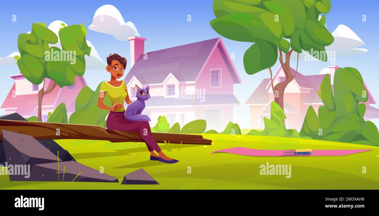 Biracial woman sitting outdoors with cat on laps. Vector cartoon ...