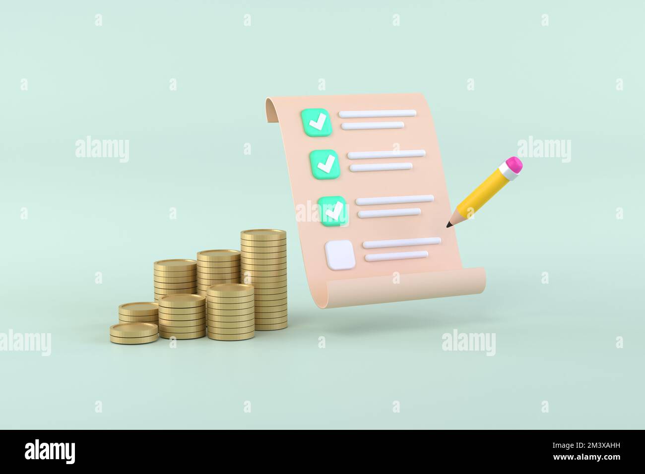 3D. check list, check mark, pile money coins isolated Stock Photo - Alamy