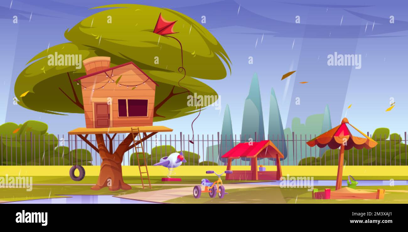 Childrens playground in rainy weather. Cartoon vector illustration of ...
