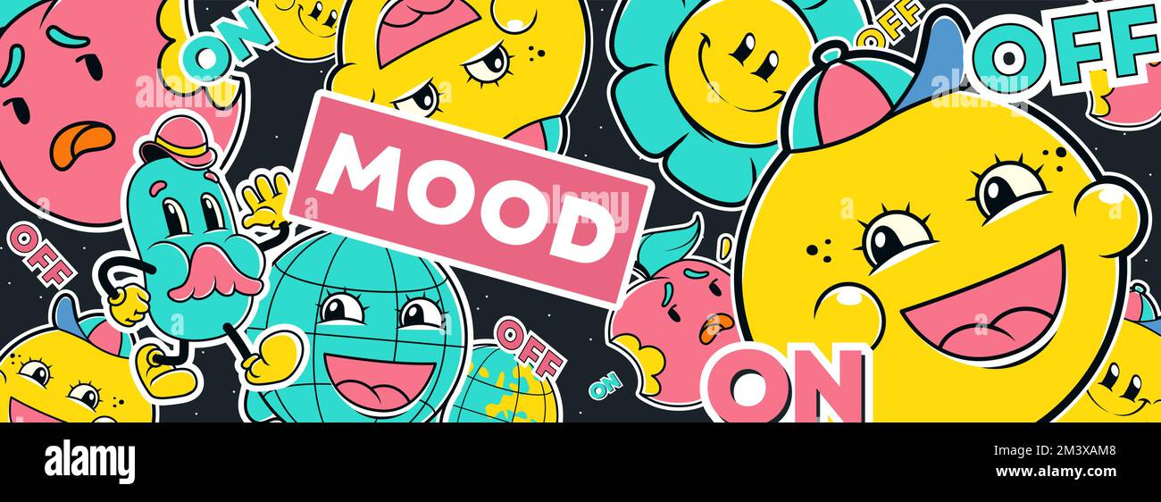 Y2k banner, mood on off concept with funny characters yellow emoji face ...