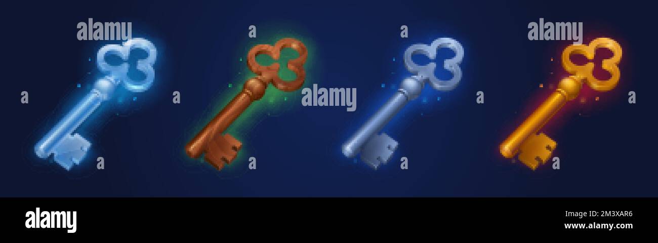 Set of keys made of wood, gold, silver and stone isolated on dark ...