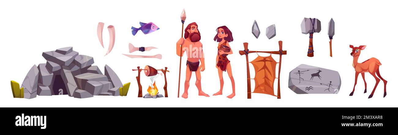 Cave man and woman, prehistoric primitive people in stone age cartoon ...