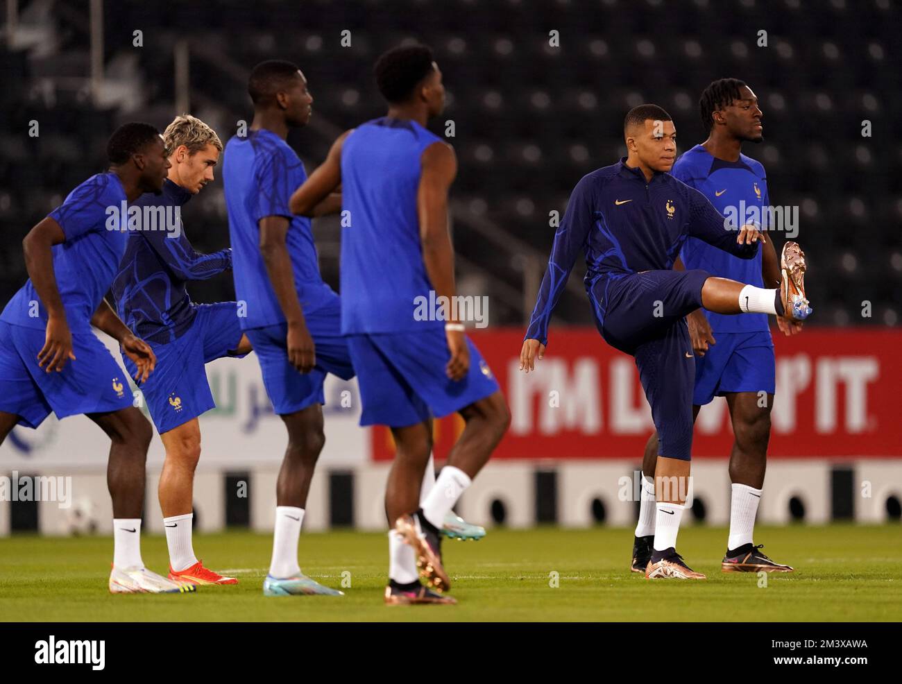 France's Kylian Mbappe (right) during a training session at Al Sadd SC ...