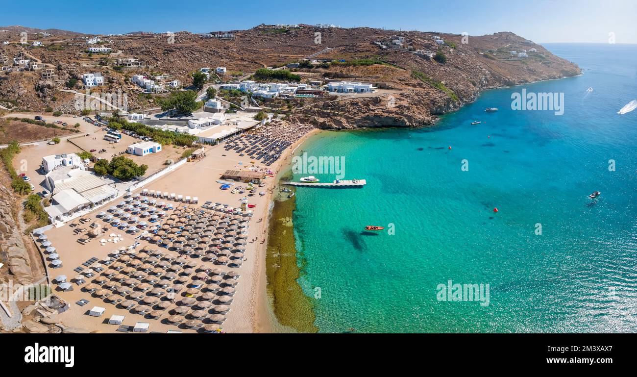 Aerial view of the beautiful Super Paradise Beach at Mykonos island ...