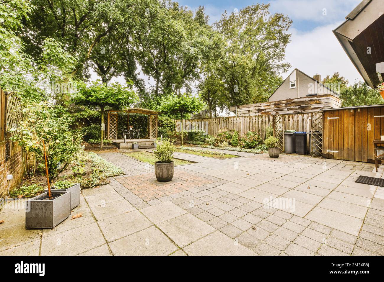 a backyard area with some trees and plants in the back yard, there is ...