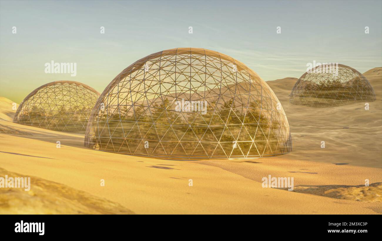 Martian Forest Domes. Depicting the idea of giant forest domes to create breathable human ...