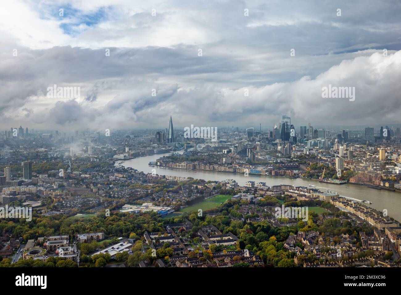 High panoramic view of the London skyline during a moody autumn day ...